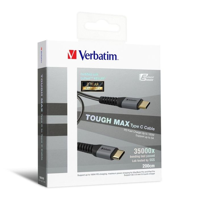 VERBATIM 200CM TYPE-C TO TYPE-C CABLE E-MARKER KEVLAR PD100W -GREY #66066
